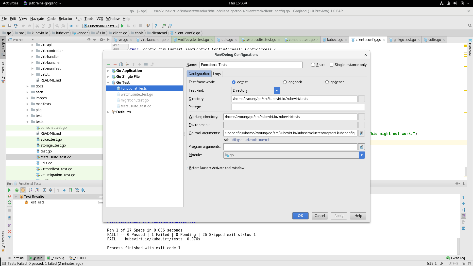 Running Kubevirt functional tests in Gogland | Adam Young's Web Log